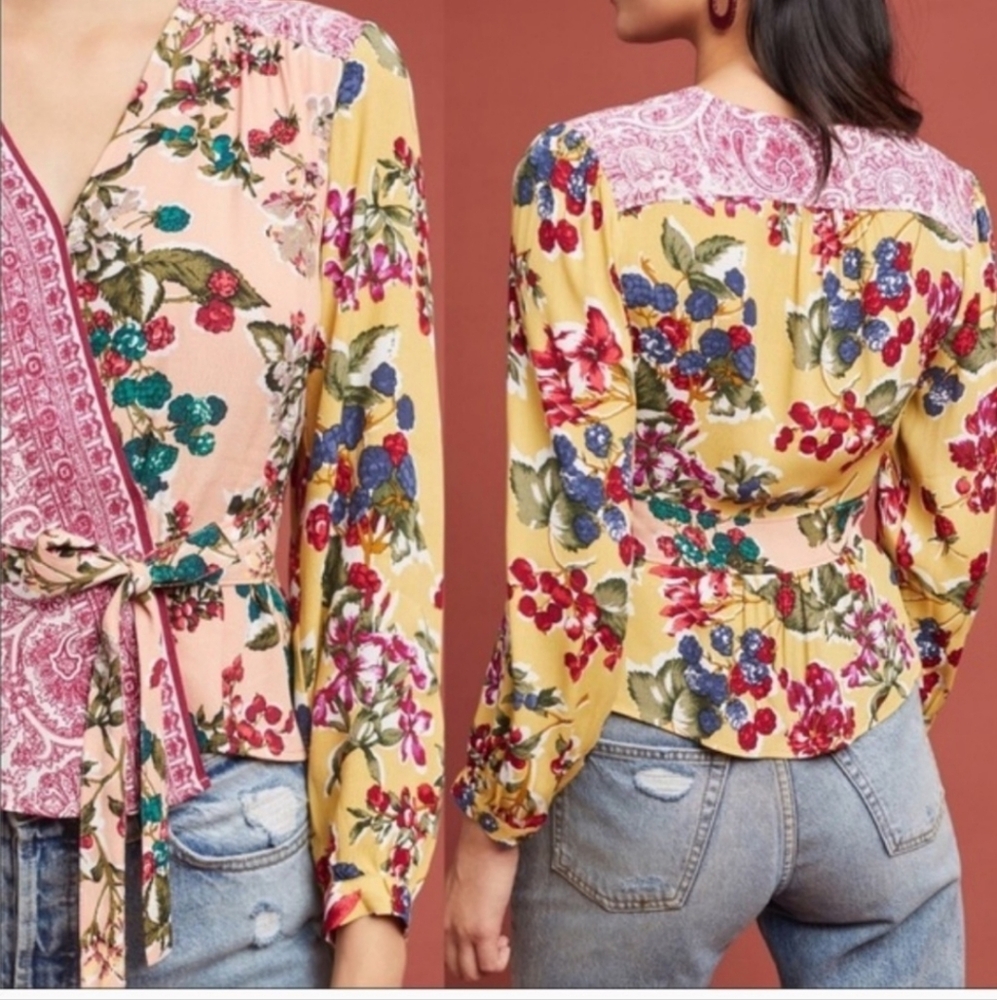 Meadow Rue Floral Patchwork Wrap Blouse - Gem